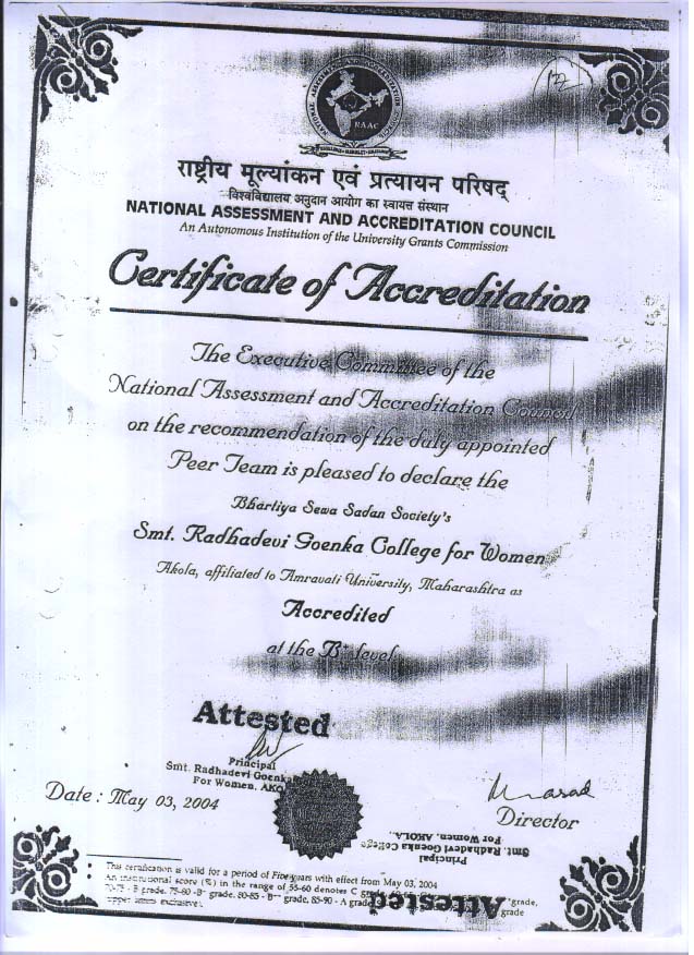 NAAC Certificate - Smt. RDG College for Women, Akola
